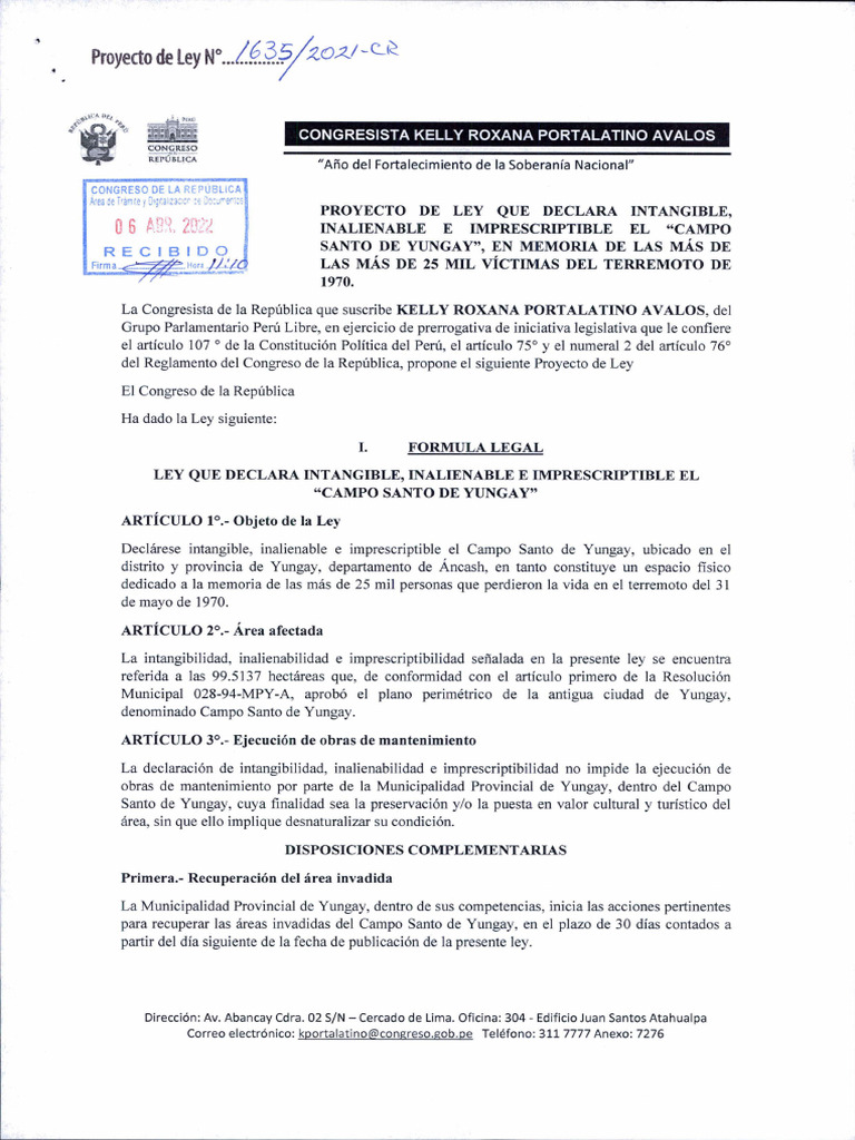 PL - 1635 "Ley Que Declara Intangible, Inalienable e Imprescriptible El ...