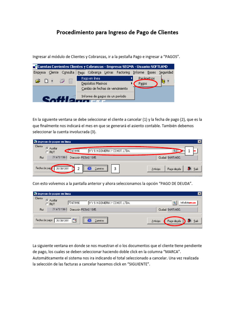 Procedimiento para Ingreso de Pago de Clientes SOFTLAND | PDF