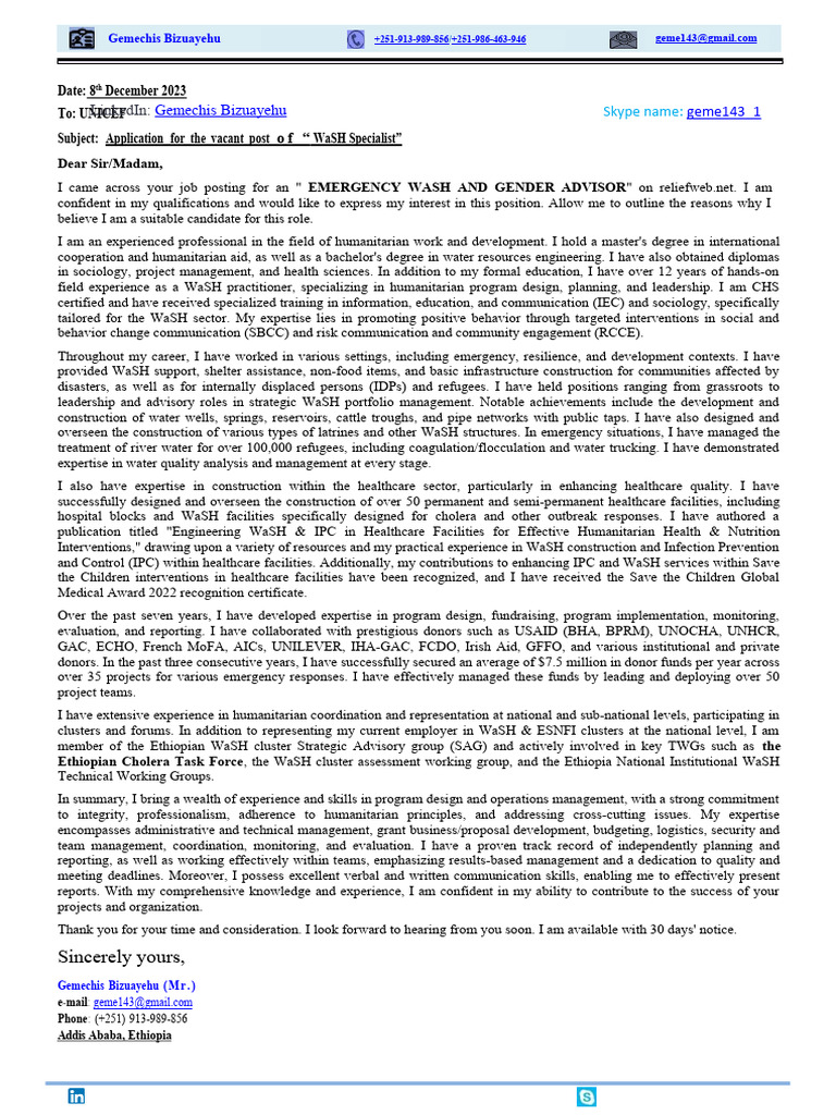 Gemechis New Cover Letter UNICEF | PDF | Wash | Health Care