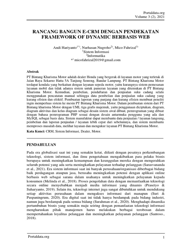 Aplikasi Customer Relationship Management Menggunakan Pendekatan Framework of Dynamic | PDF