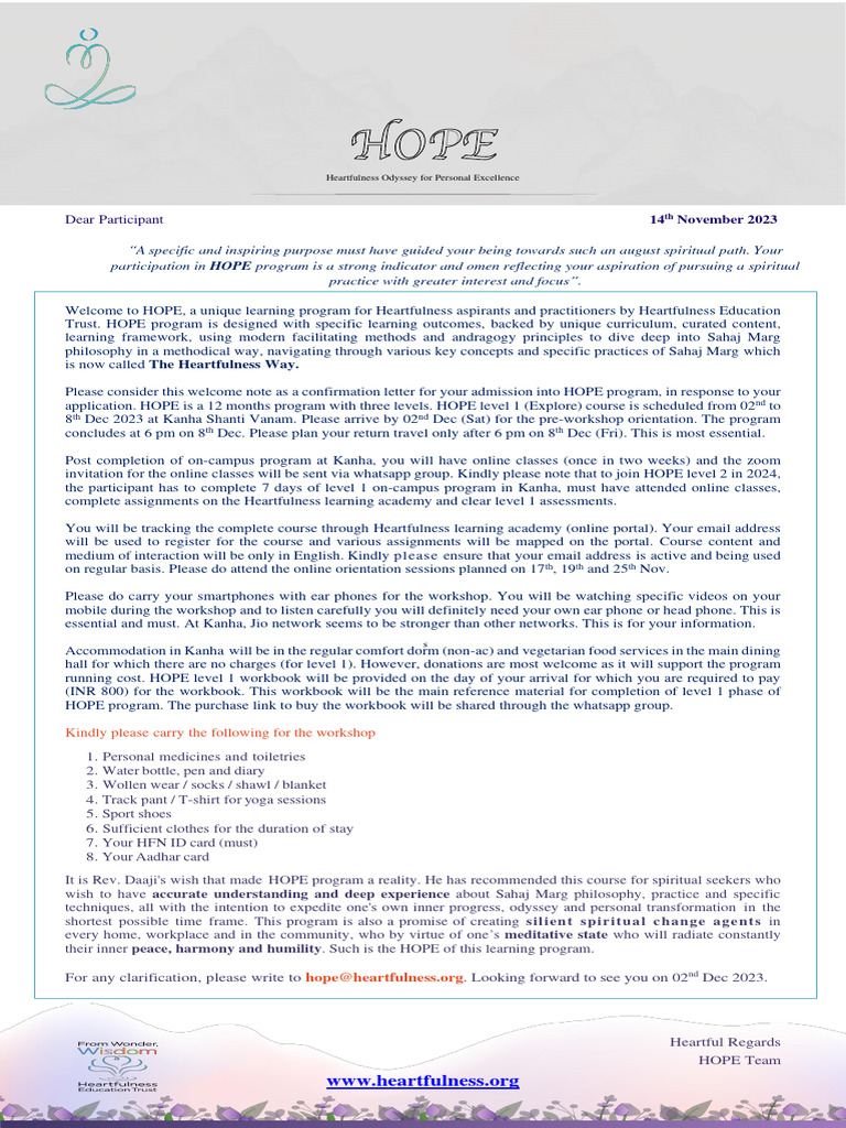 HET HOPE L1 Dec 223 Batch Welcome Letter | PDF