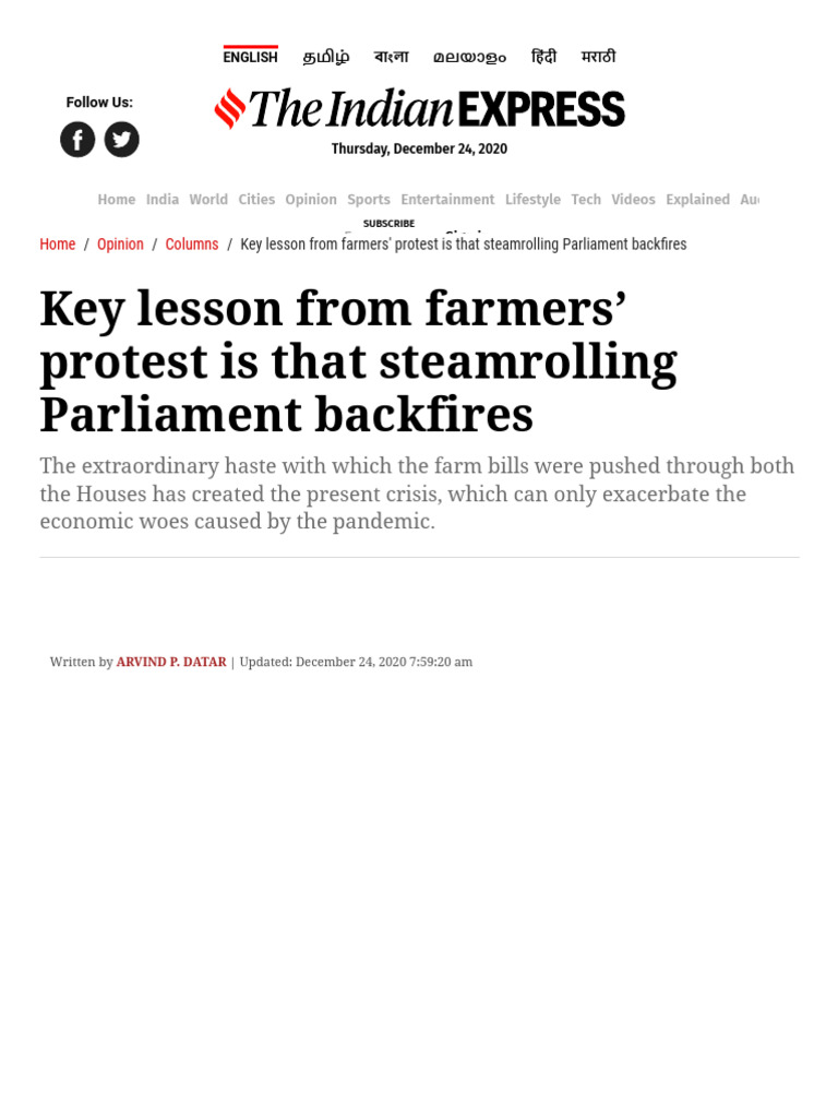 Arvind P Datar Writes - Key Lesson From Farmers' Protest Is That ...