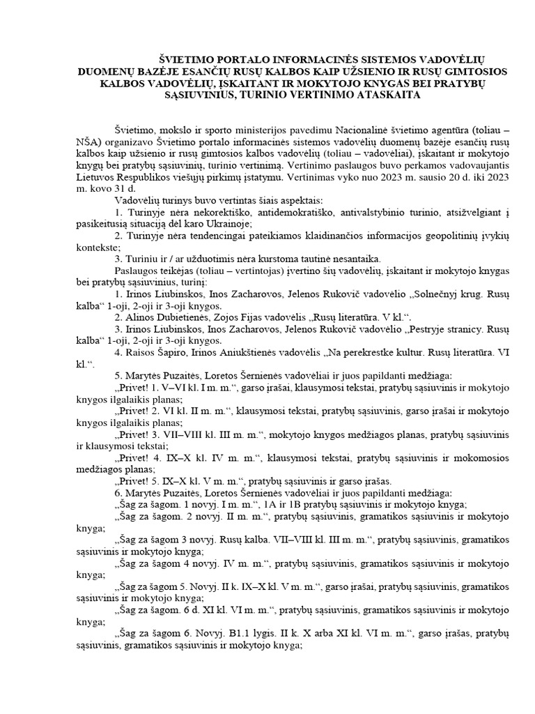 Rusų Kalbos Vadovėlių Turinio Vertinimo Ataskaita - Skelbti ŠP 2023 04 ...