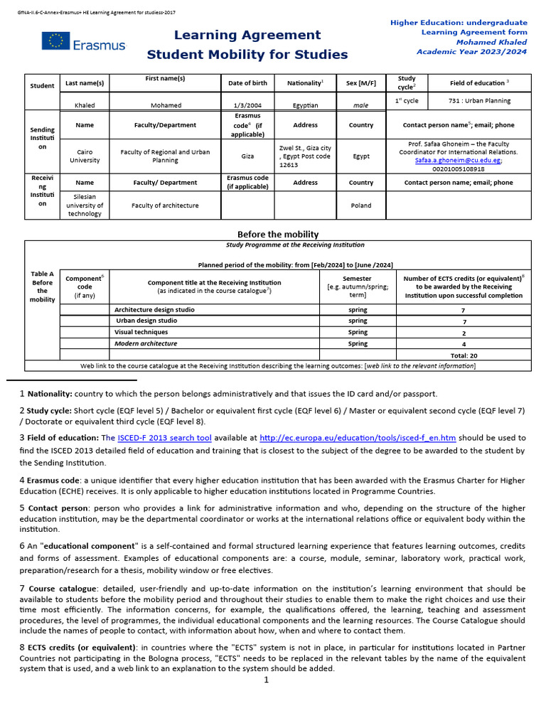 Learning Agreement Student Mobility For Studies | PDF