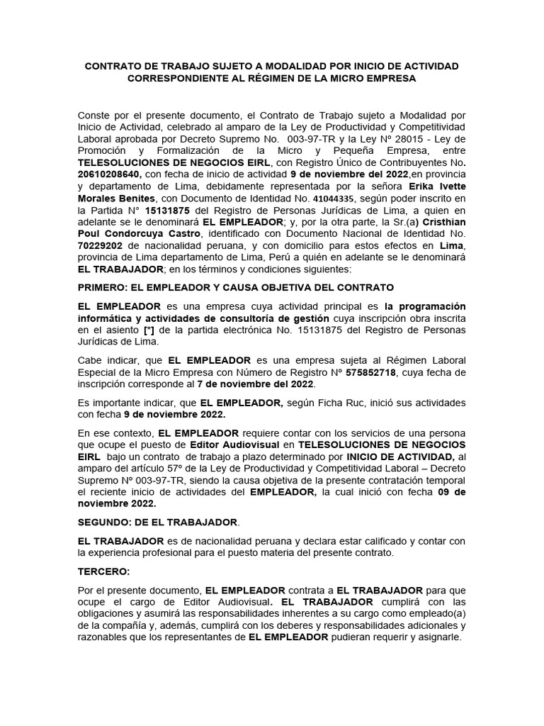 Contrato Por Inicio de Nueva Actividad CRISTIAN CONDORCUYA Diciembre | PDF | Derecho laboral ...