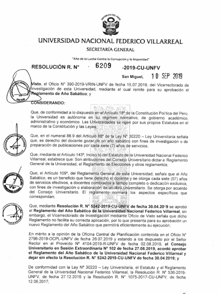 Resolucion - R - Nro - 6209 - 2019 - CU - UNFV Año Sabatino | PDF