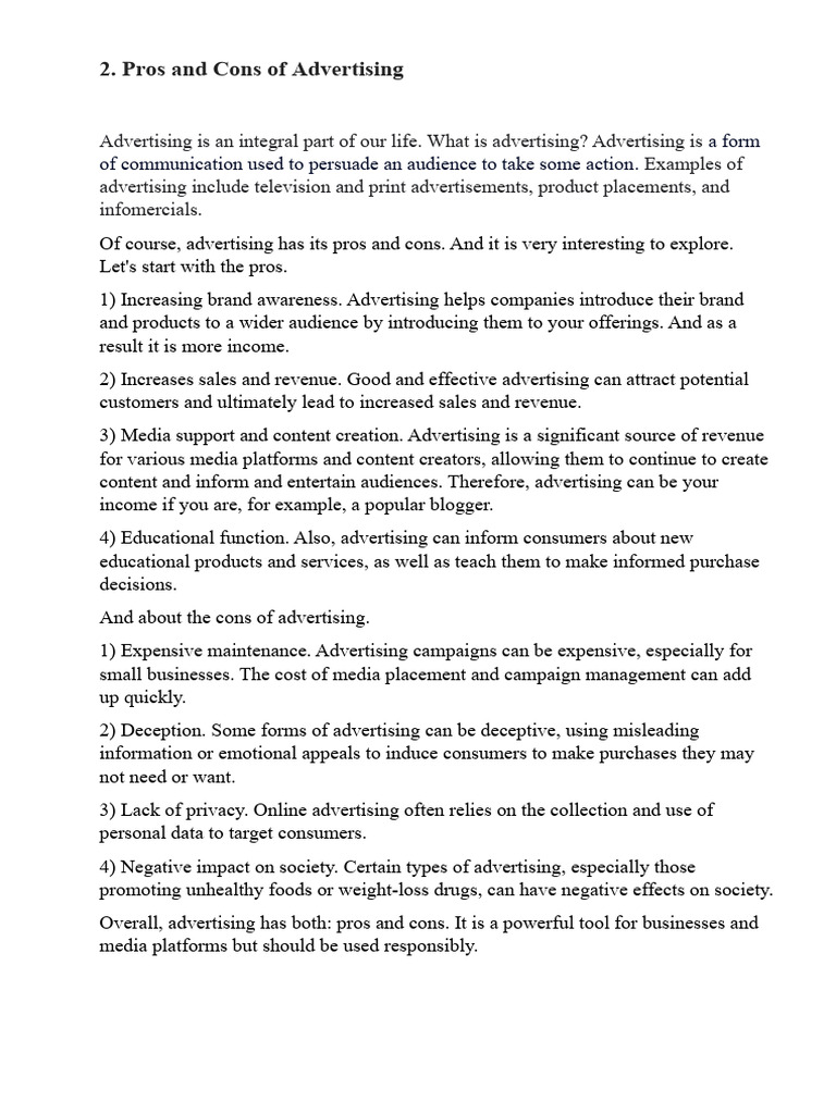 Advertising: Key Pros and Cons | PDF