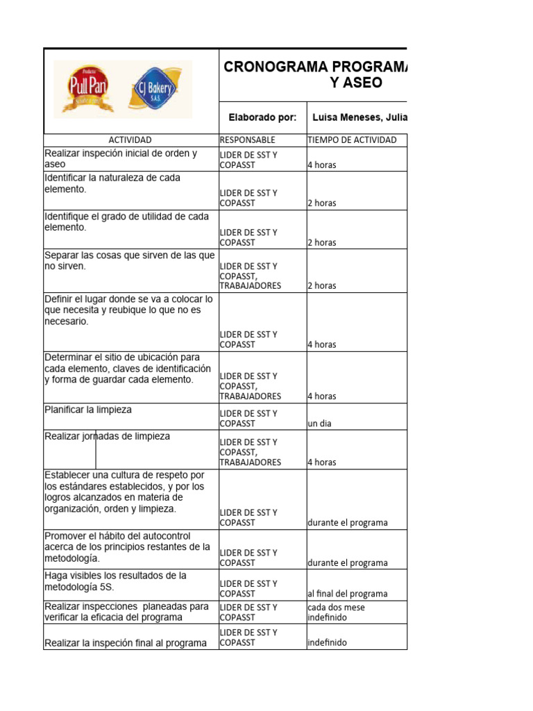 Cronograma Programa de Orden y Aseo | PDF