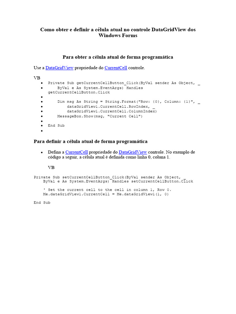 Como Obter e Definir A Célula Atual No Controle DataGridView Dos ...