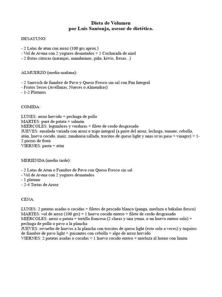 Plan de Dieta de Volumen Semanal | PDF