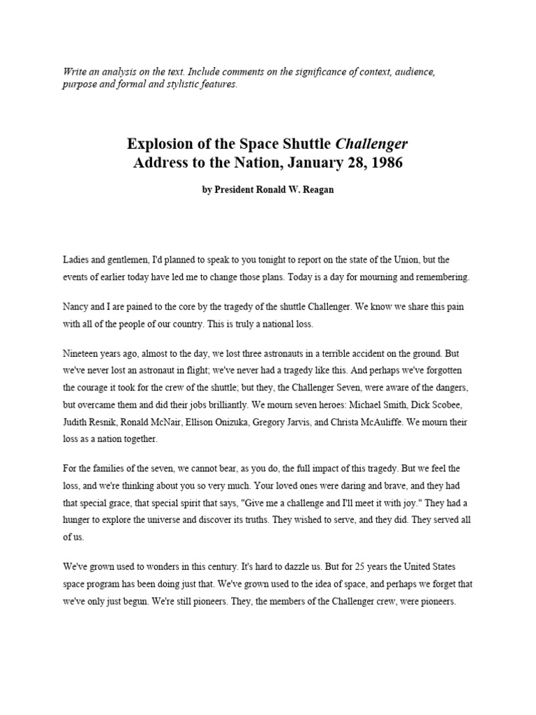 Speech - Explosion of The Space Shuttle by R. Reagan | Download Free ...