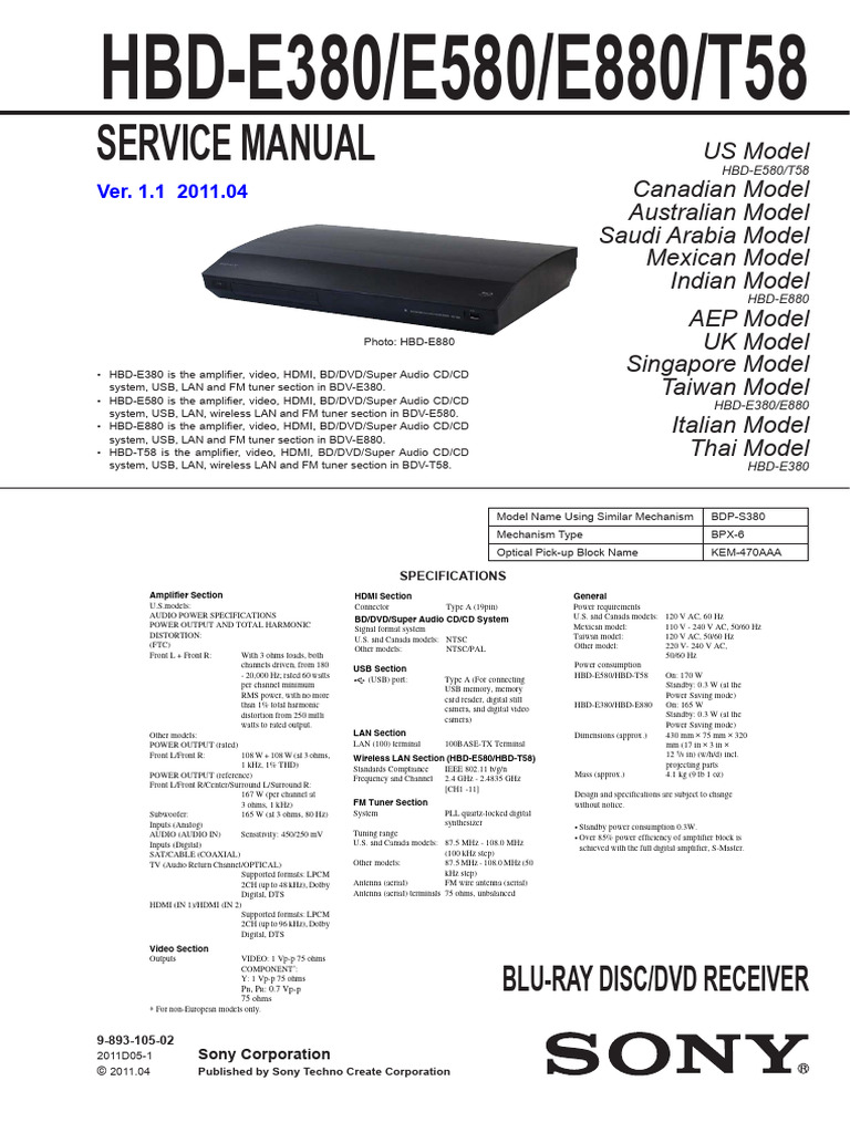 Sony Hbd-E380 Hbd-E580 Hbd-E880 hbd-t58 Ver1.1 | PDF