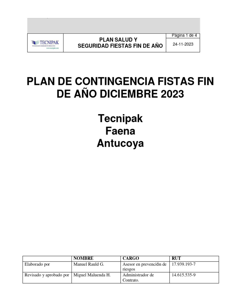 Plan PRL Fin de Año 2023 Tecnipak. | PDF | Negocios | Tecnología