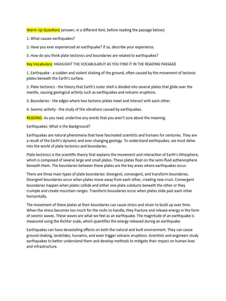 Earthquakes Reading Bellringer | PDF | Earthquakes | Plate Tectonics