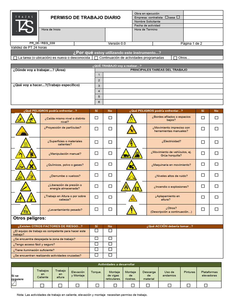 REG - 039 Permiso Trabajo Diario | PDF | Máquina elevadora