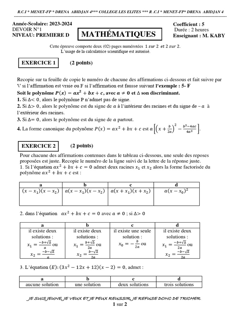 Devoir Maths N 1 1ière D 2023 Pdf