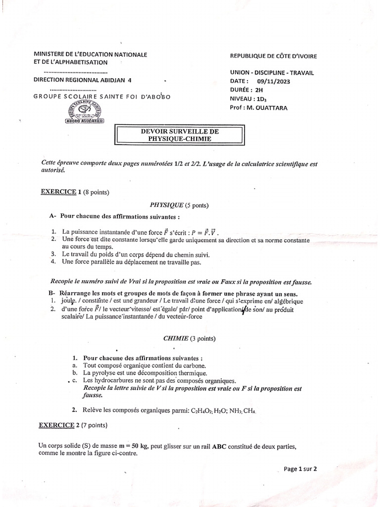 Devoir de PC 1iere D Collège Sainte Foi Abobo 2023 by Tehua | PDF