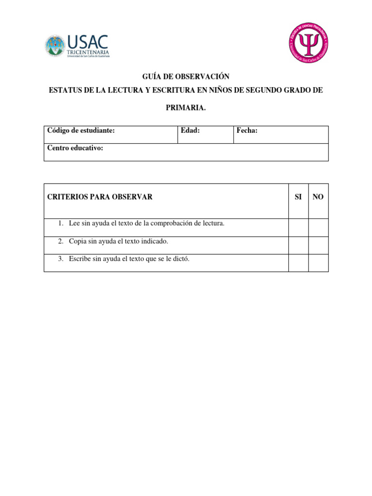 Guía de Observación de La Lectura y Escritura en Niños de Segundo Grado ...
