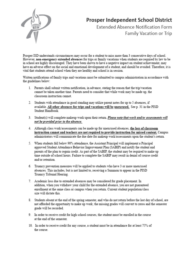 Prosper ISD Extended Absence Notification Form-Family Trip Vacation | PDF