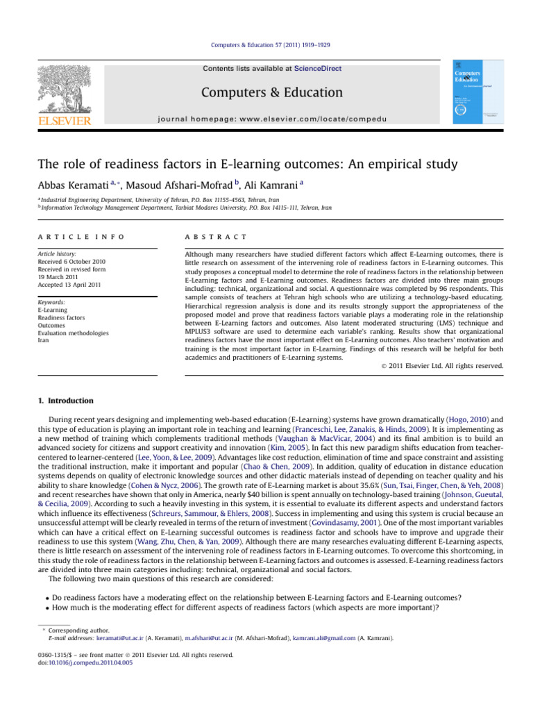The Role of Readiness Factors in E-Learning Outcomes: An Empirical Study | PDF | Educational ...
