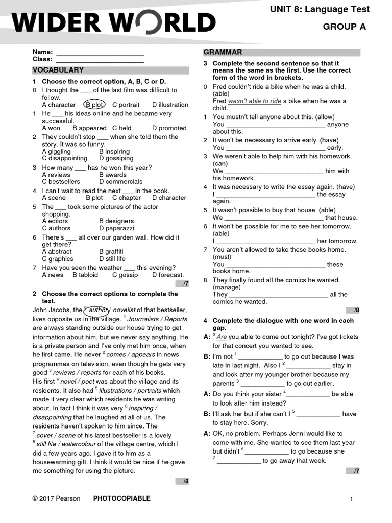 Language Test Unit 8 Worksheet | PDF