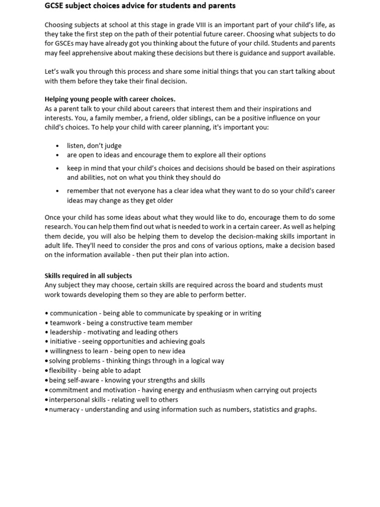 GCSE Subject Choices Advice For Students and Parents | PDF GCSE Subject Choices Advice For Students and Parents | PDF