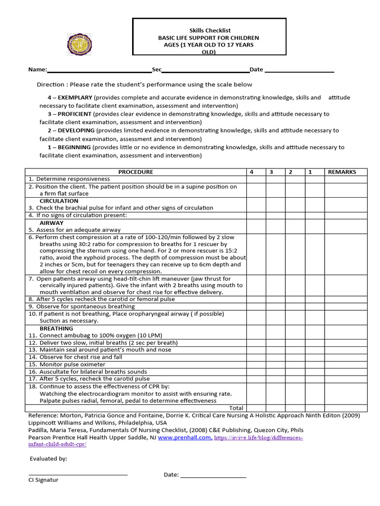 Skills Pediatric Checklist Children BLS | PDF | Medical Emergencies ...