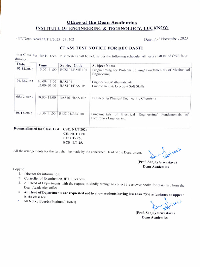 Class Test Notice For Odd Sem Session 2023-24 | PDF | Engineering | Science