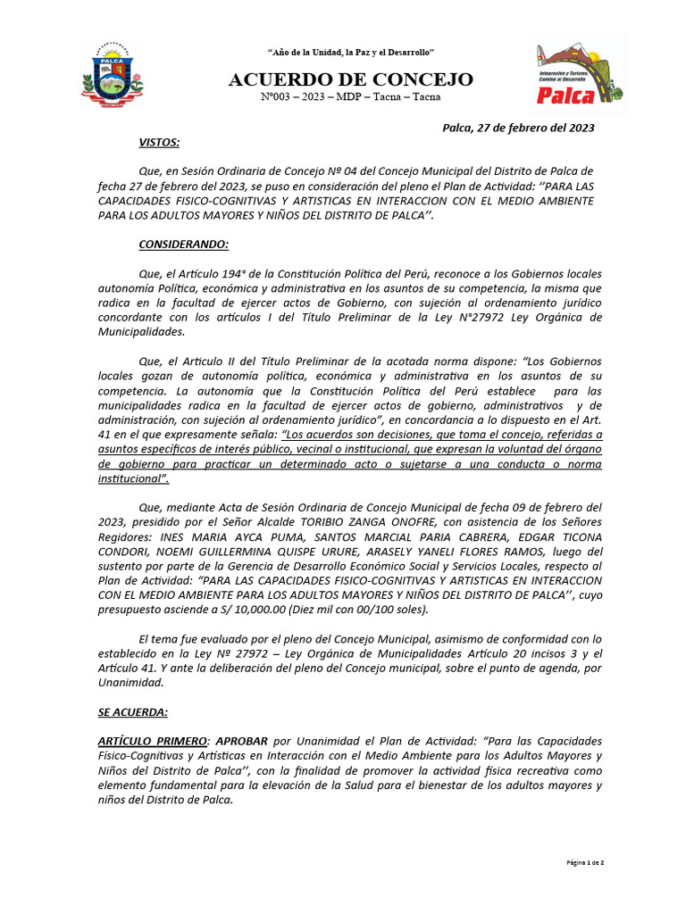 Acuerdo de Concejo #003-2023 | PDF
