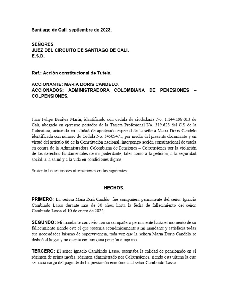 Accion de Tutela Colpensiones | Descargar gratis PDF | Pensión ...