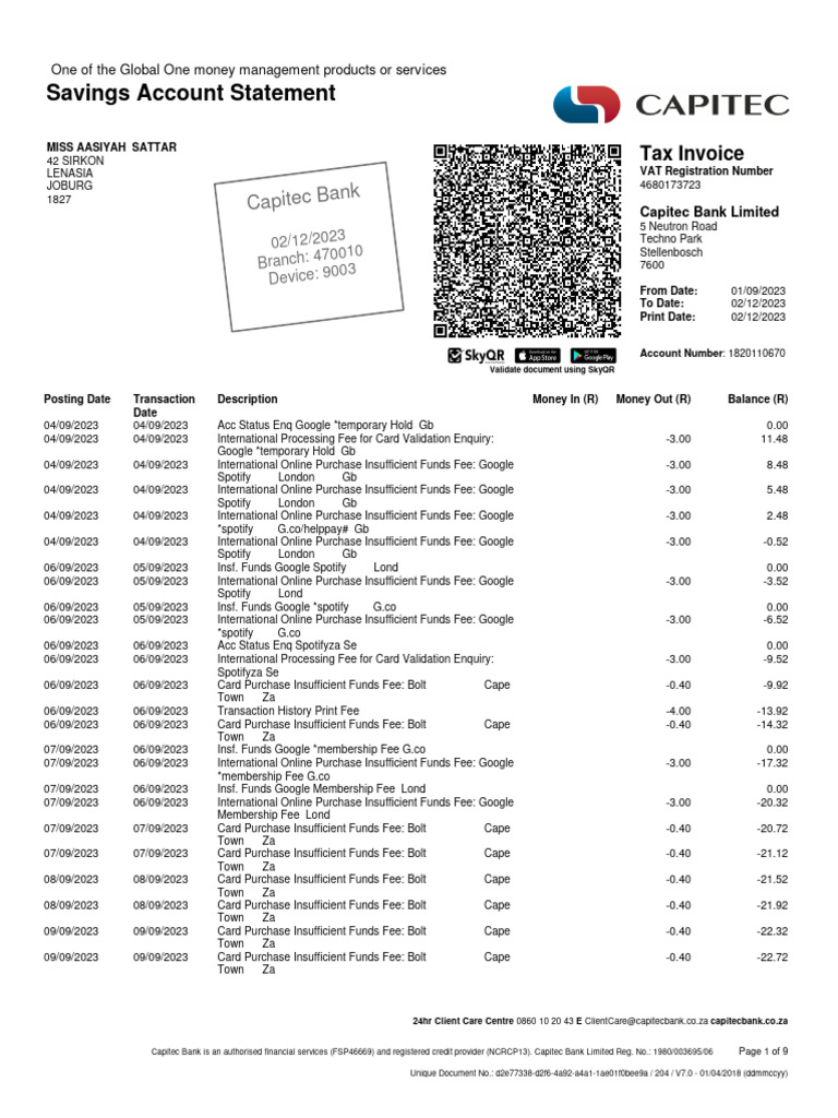 Capitec Bank Savings Account Statement | PDF