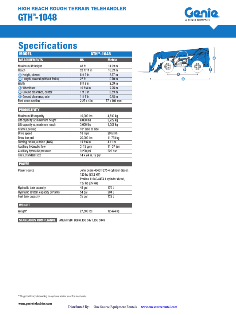 Telehandler Genie GTH 1048-Specifications | PDF | Truck | Elevator
