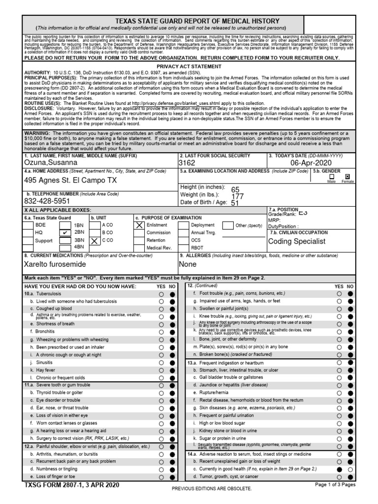 Texas State Guard Medical History Form | PDF