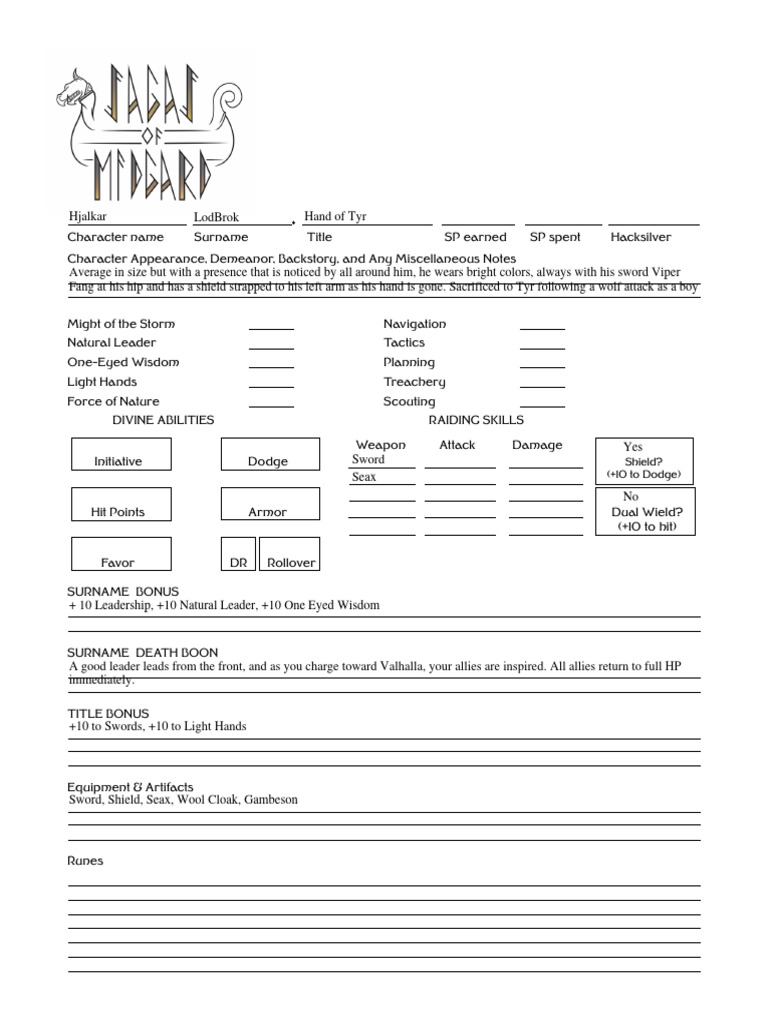 Sagas of Midgard Character Example | PDF