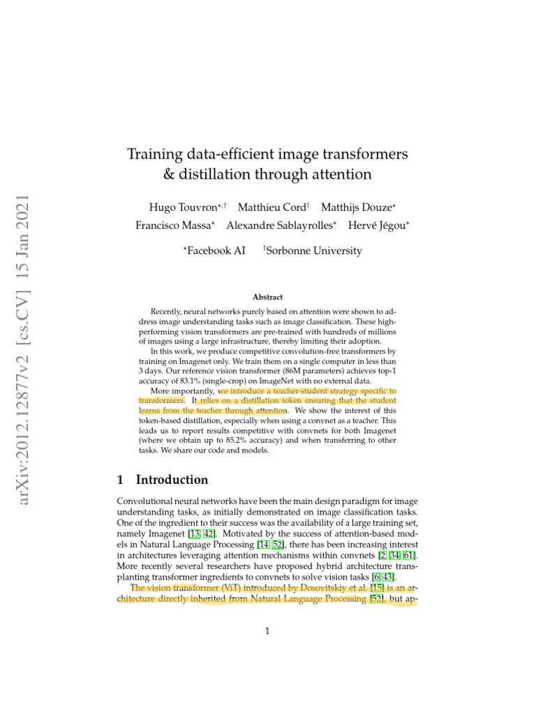 Training Data Efficient Image Transformers And Distillation Through Attentionpdf Pdf