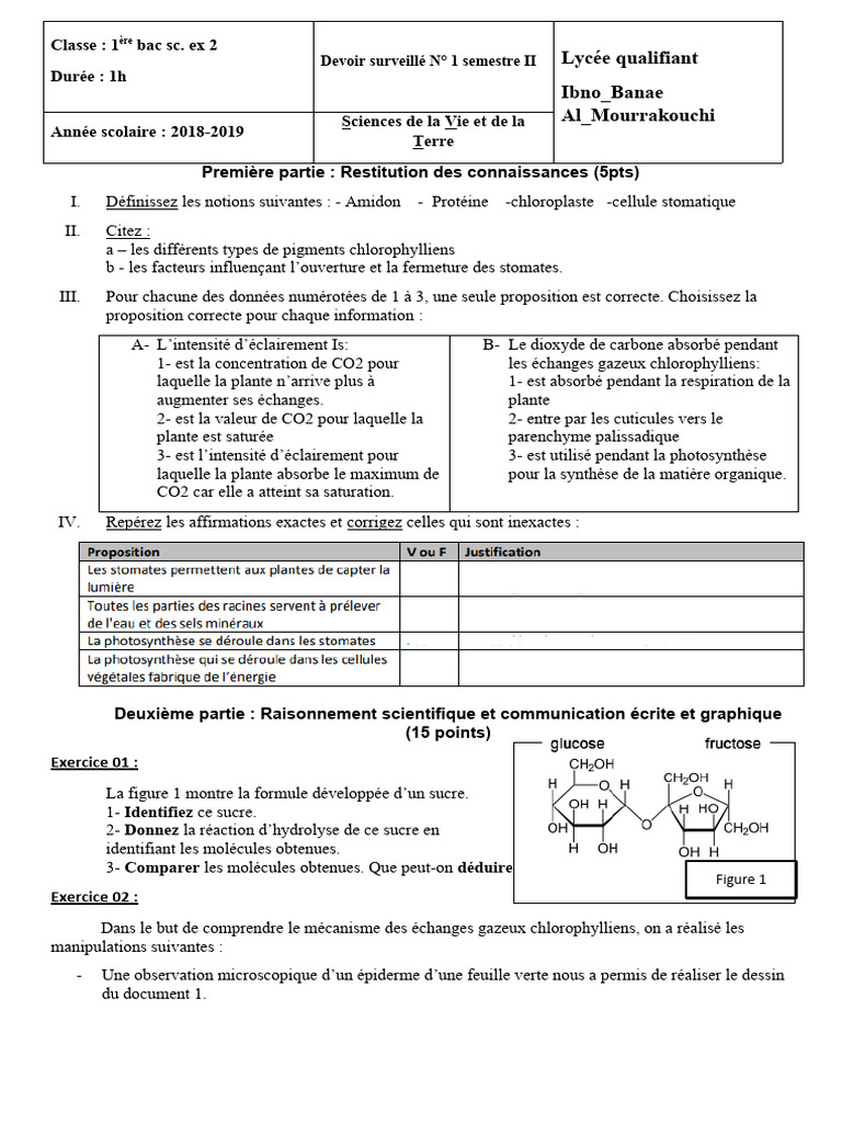 Devoir N1 Semestre 2 SVT 1er BAC 1 | PDF