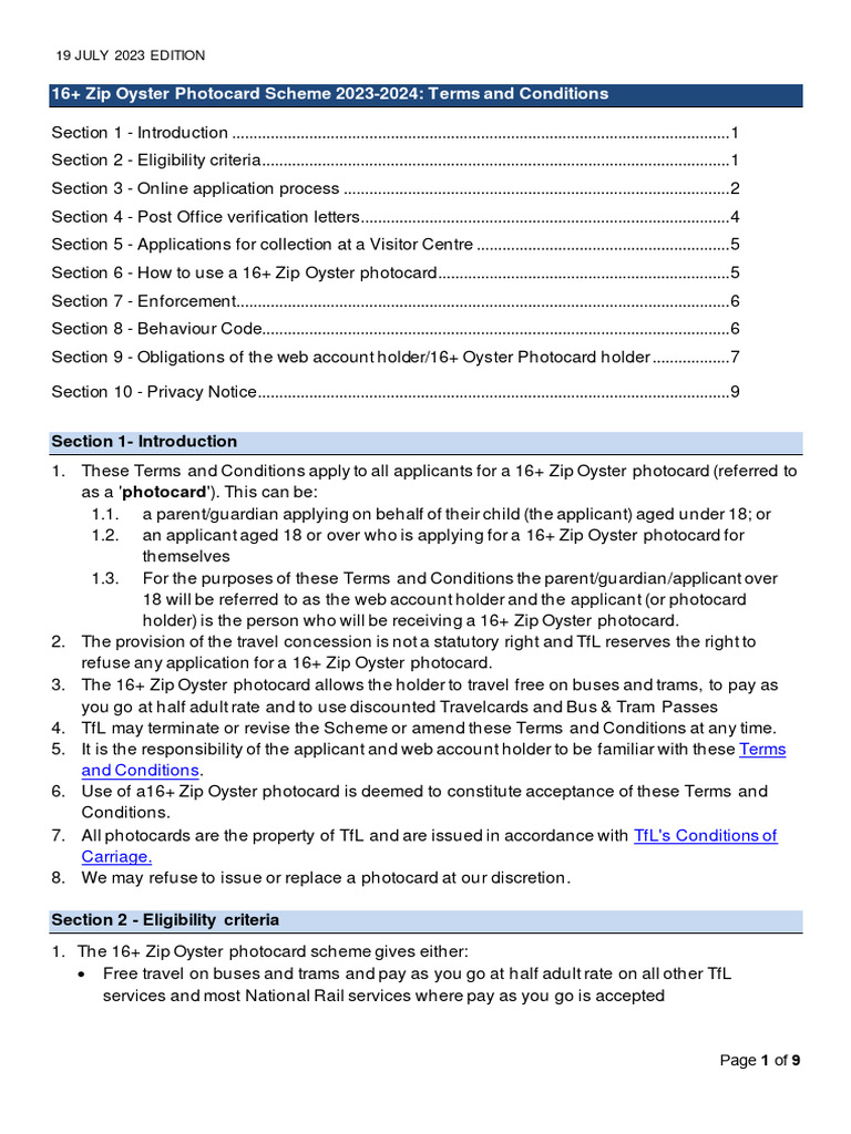 16+ Zip Oyster Photocard Terms and Conditions | PDF | Identity Document