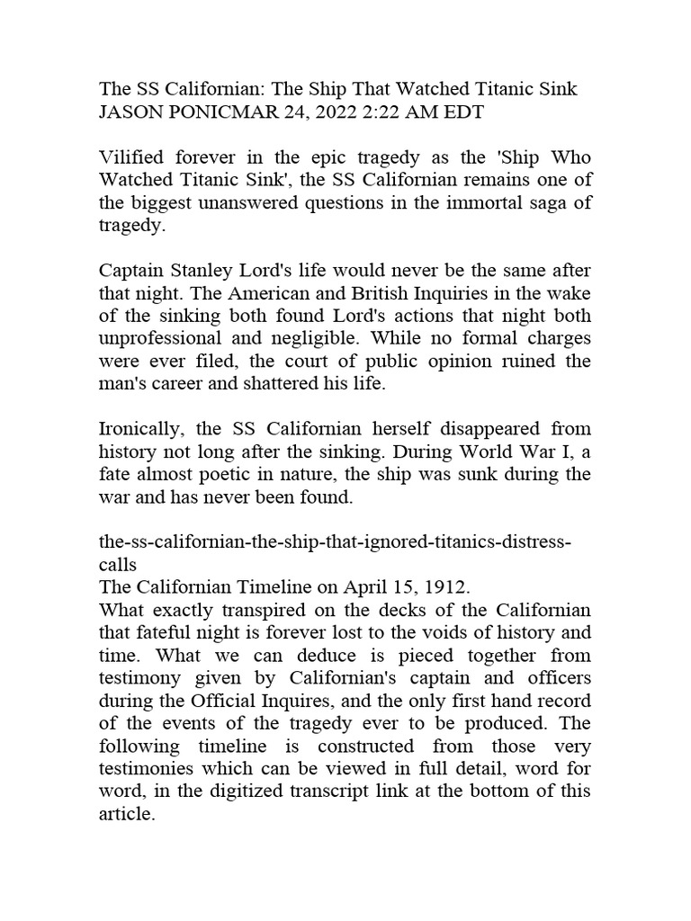 The SS Californian | PDF | Rms Titanic | Water Transport