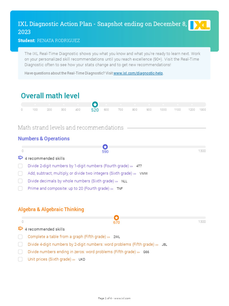 IXL Diagnostic Report - 2023 12 01 - RODRIGUEZ RENATA | PDF | Numbers ...