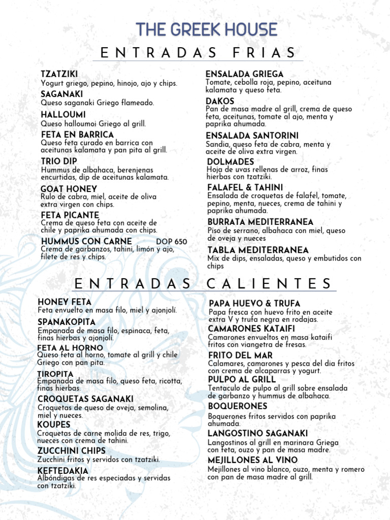 Menú The Greek House | PDF | Brocheta | Cocina mediterranea