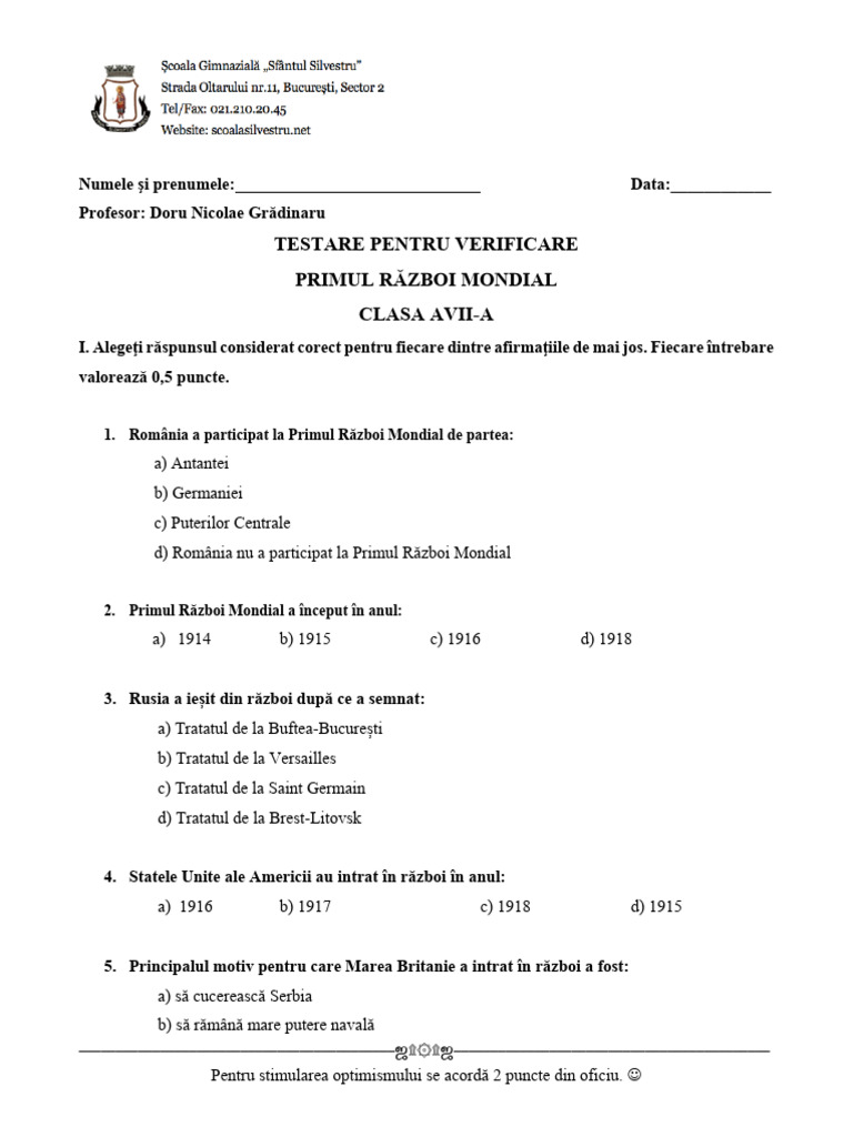 Test Primul Razboi Mondial | PDF