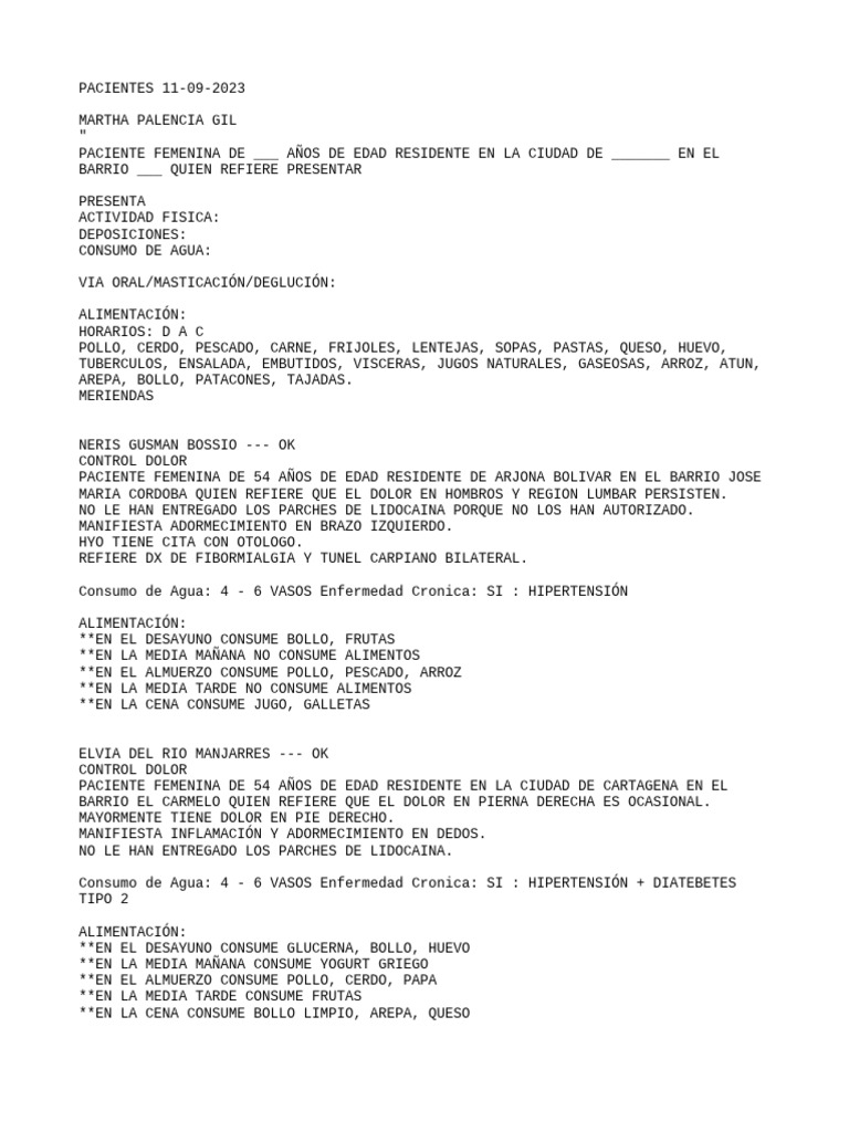 Pacientes 11-09-2023 | PDF | Menudencias | Almuerzo Pacientes 11-09-2023 | PDF | Menudencias | Almuerzo
