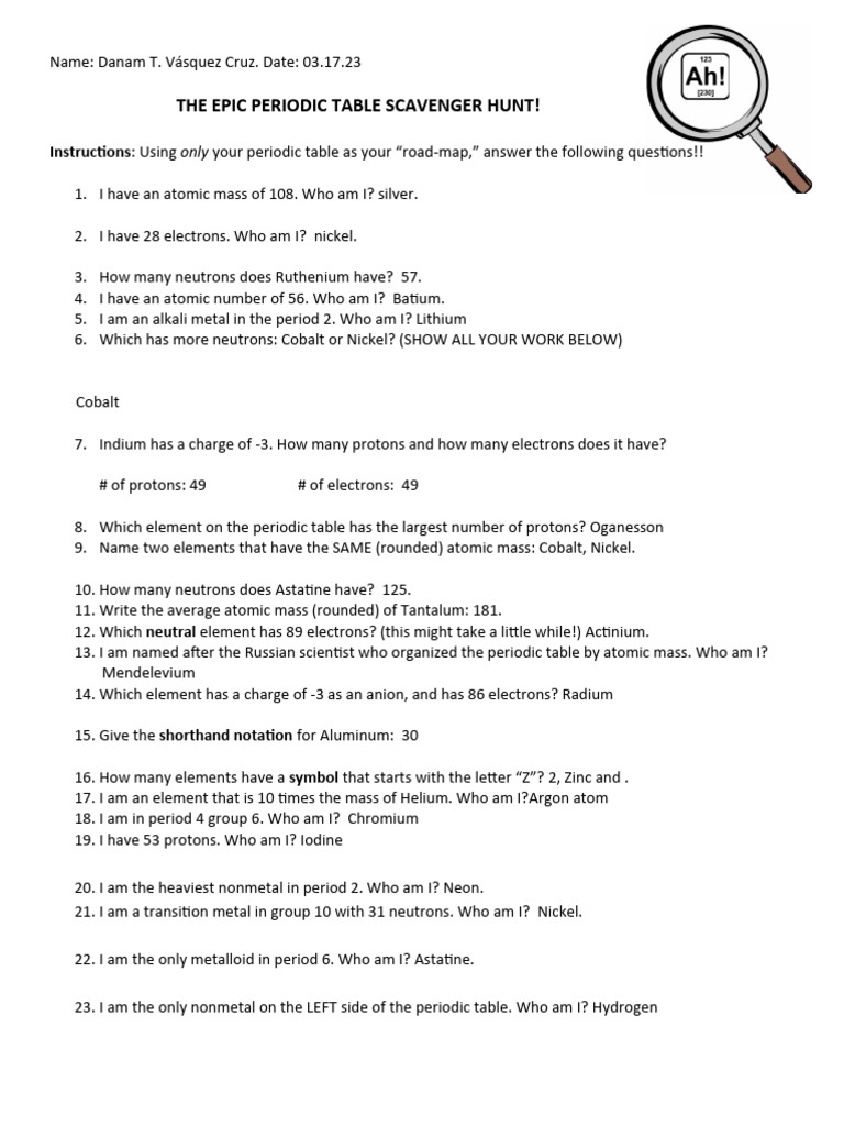Periodic Table Scavenger Hunt | PDF | Chemical Elements | Periodic Table