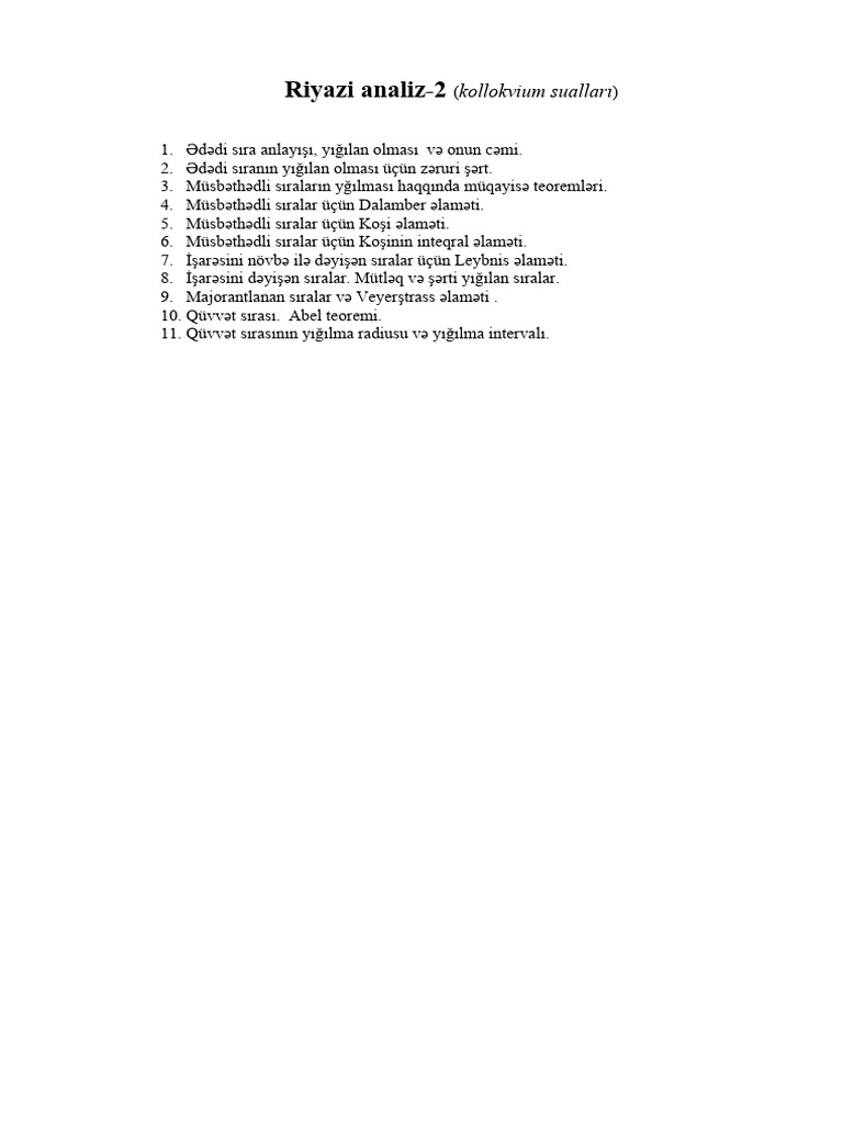 Riyazi Analiz-2 (Kollokvium Sualları) | PDF