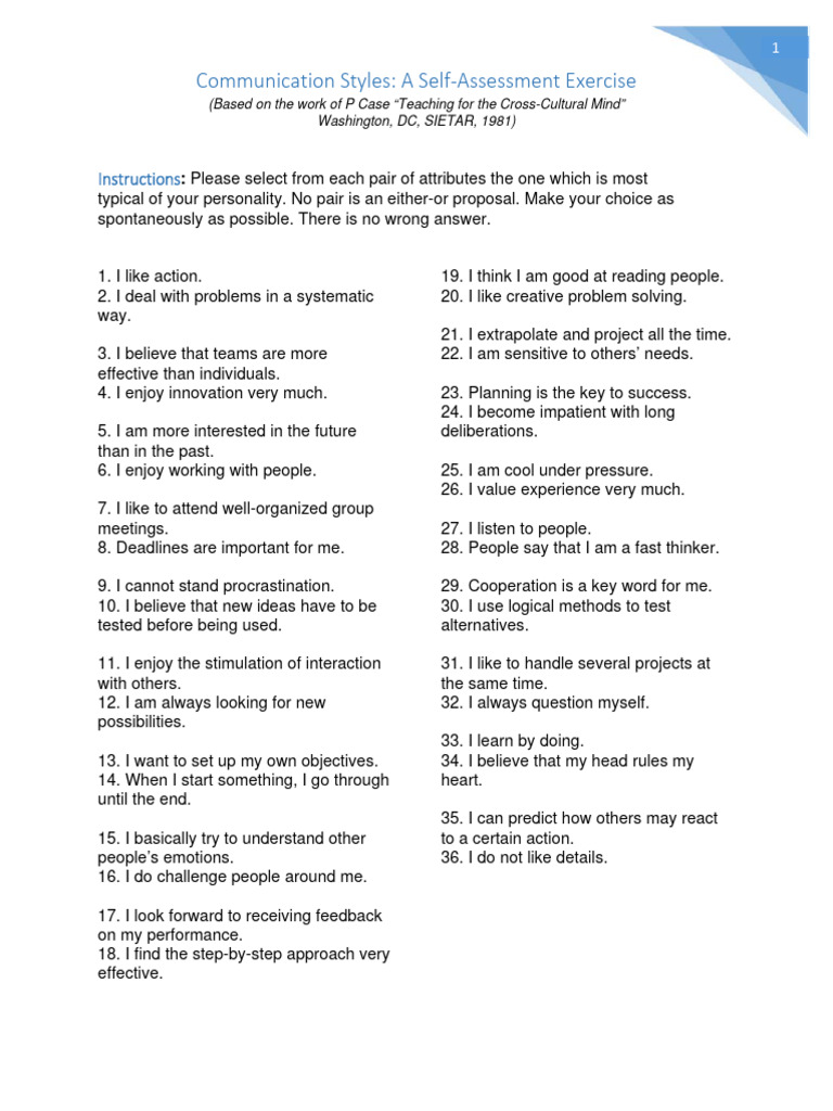 Communication Styles Assessment ESAI | PDF | Communication | Emotions