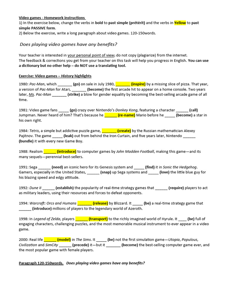Video Games - HOMEWORK | PDF | Sports & Recreation | Games & Activities