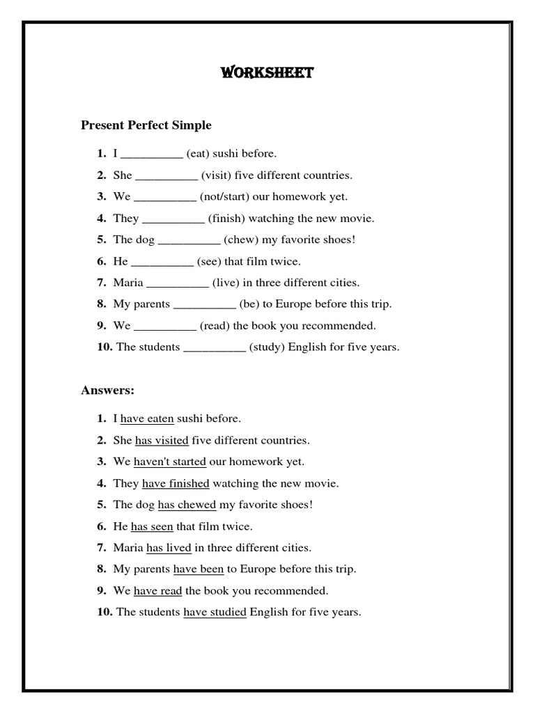 Worksheet: Present Perfect Simple | PDF