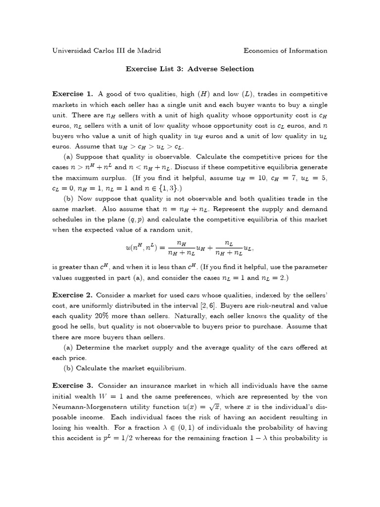 Exercises 3 | PDF | Adverse Selection | Business Economics