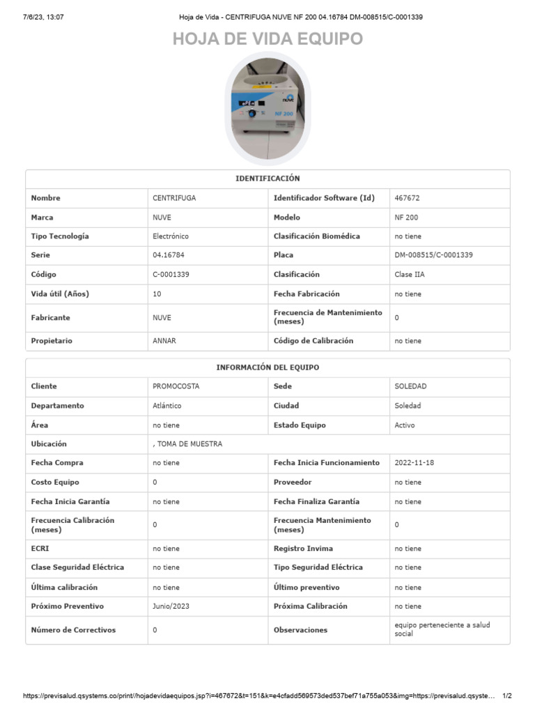 Hoja de Vida - CENTRIFUGA NUVE NF 200 04.16784 DM-008515 - C-0001339 | PDF | Informática ...