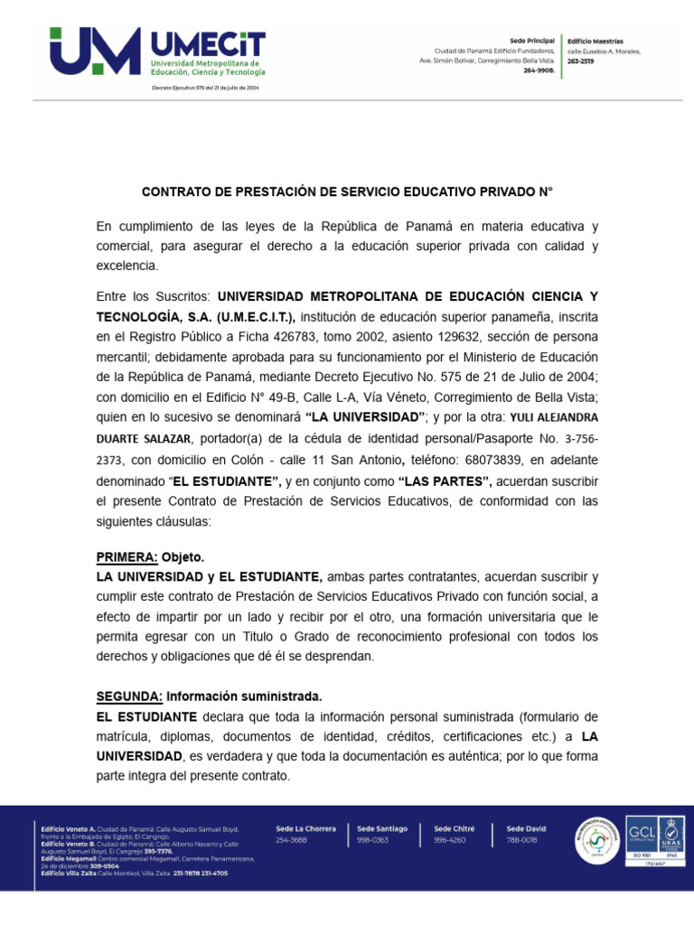 Contrato de Yuli | Descargar gratis PDF | Universidad | Educación más alta